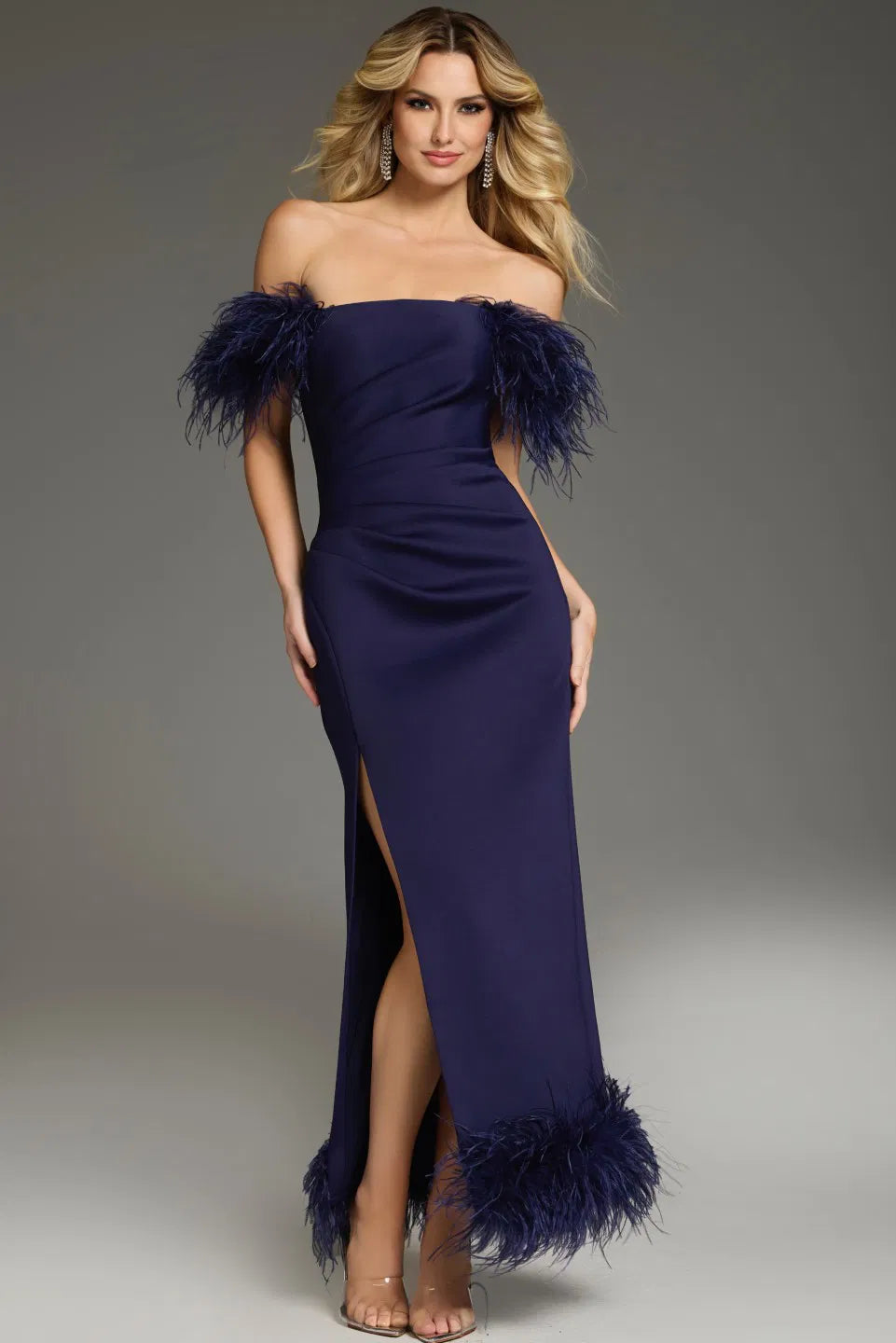 Jovani - 36375 - Off-Shoulder Feather-Trim Evening Gown – Madeline's ...