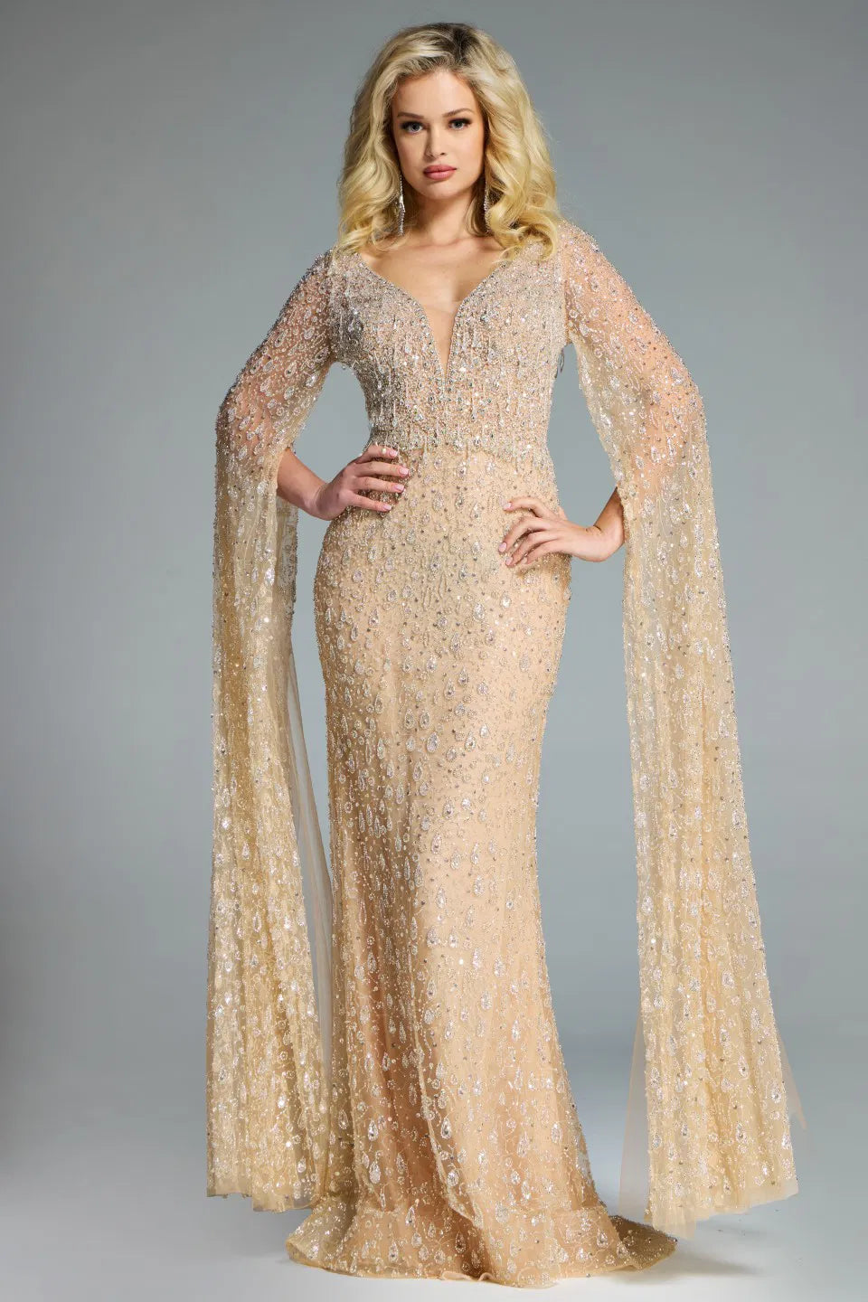 Jovani - 44844 - Embellished Evening Gown with Draped Sleeves ...
